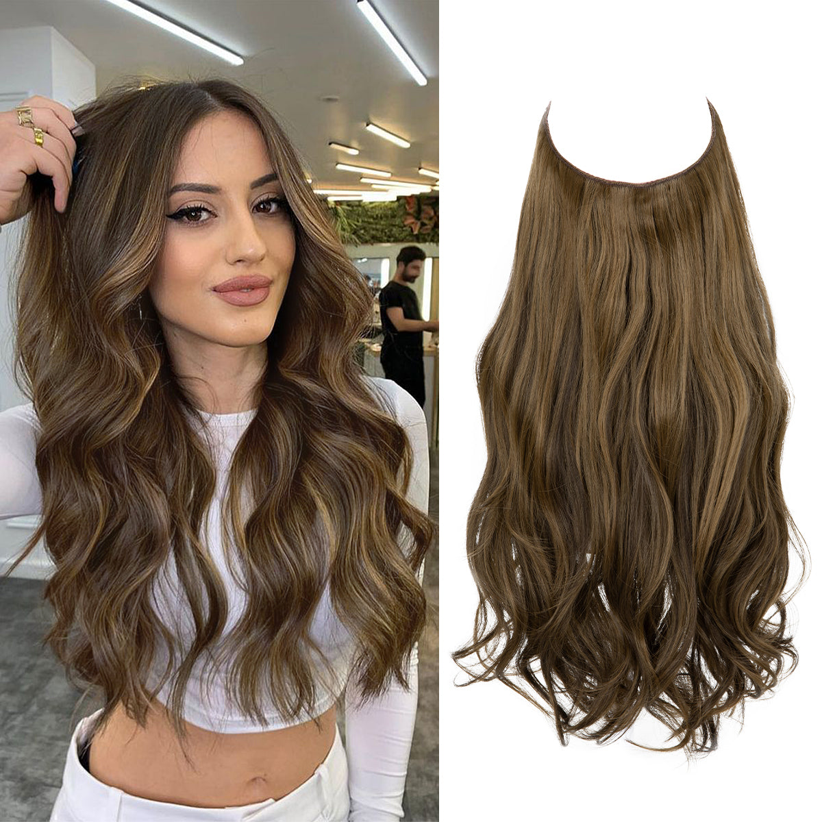 Coffee Brown 16 Inch Wavy Halo Hair Extensions | Thathair