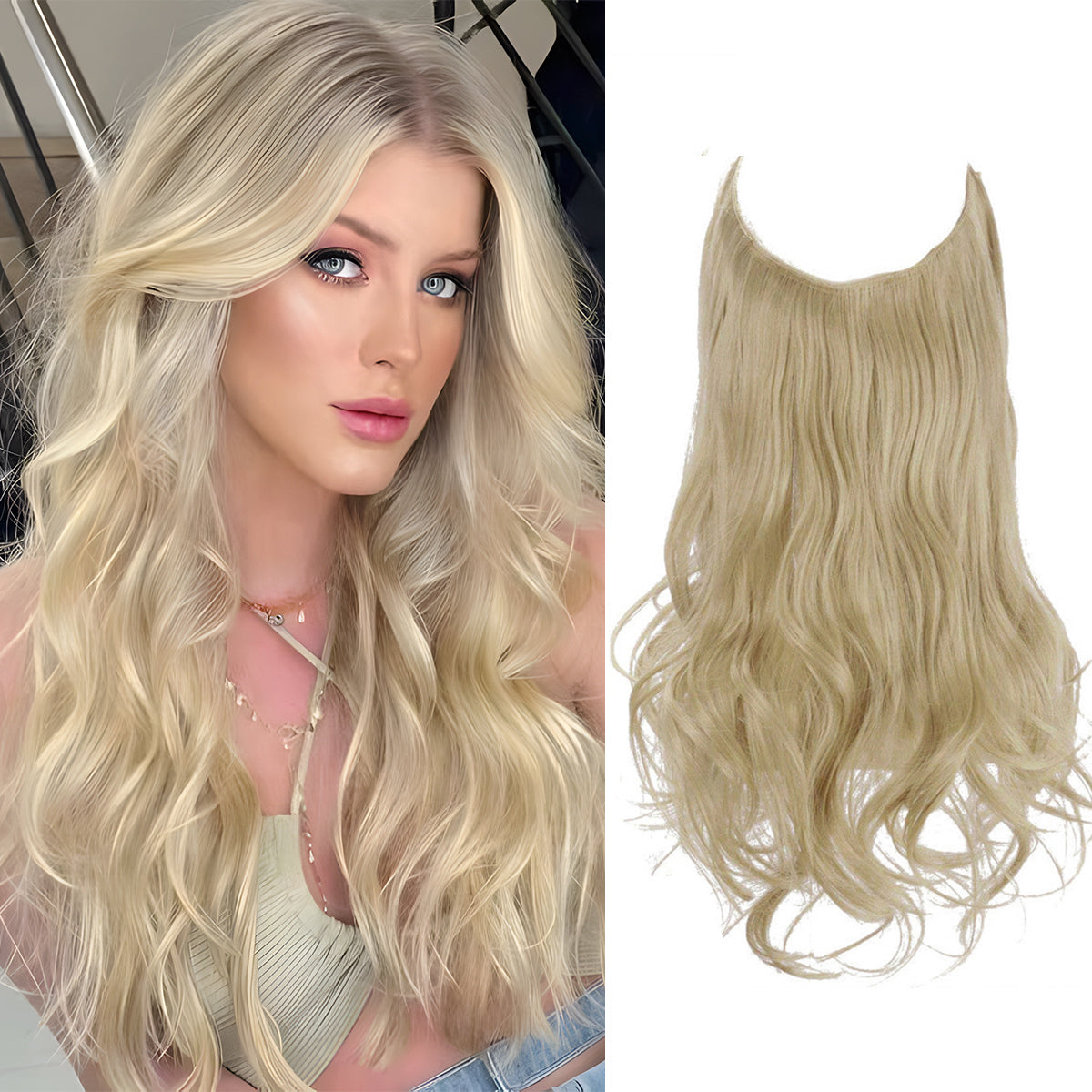 Pale Ash Blonde 14 Inch Wavy Halo Hair Extensions | Thathair
